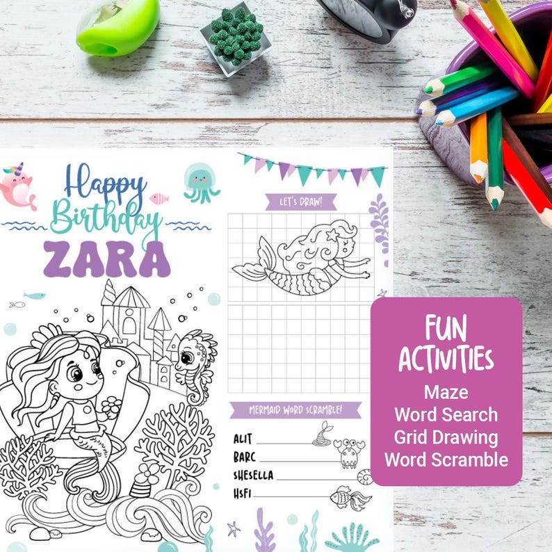 Personalized Mermaid Birthday Coloring Page | Custom Name Under the Sea ...