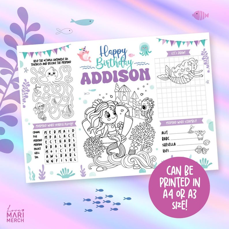 Personalized Mermaid Birthday Coloring Page | Custom Name Under the Sea ...