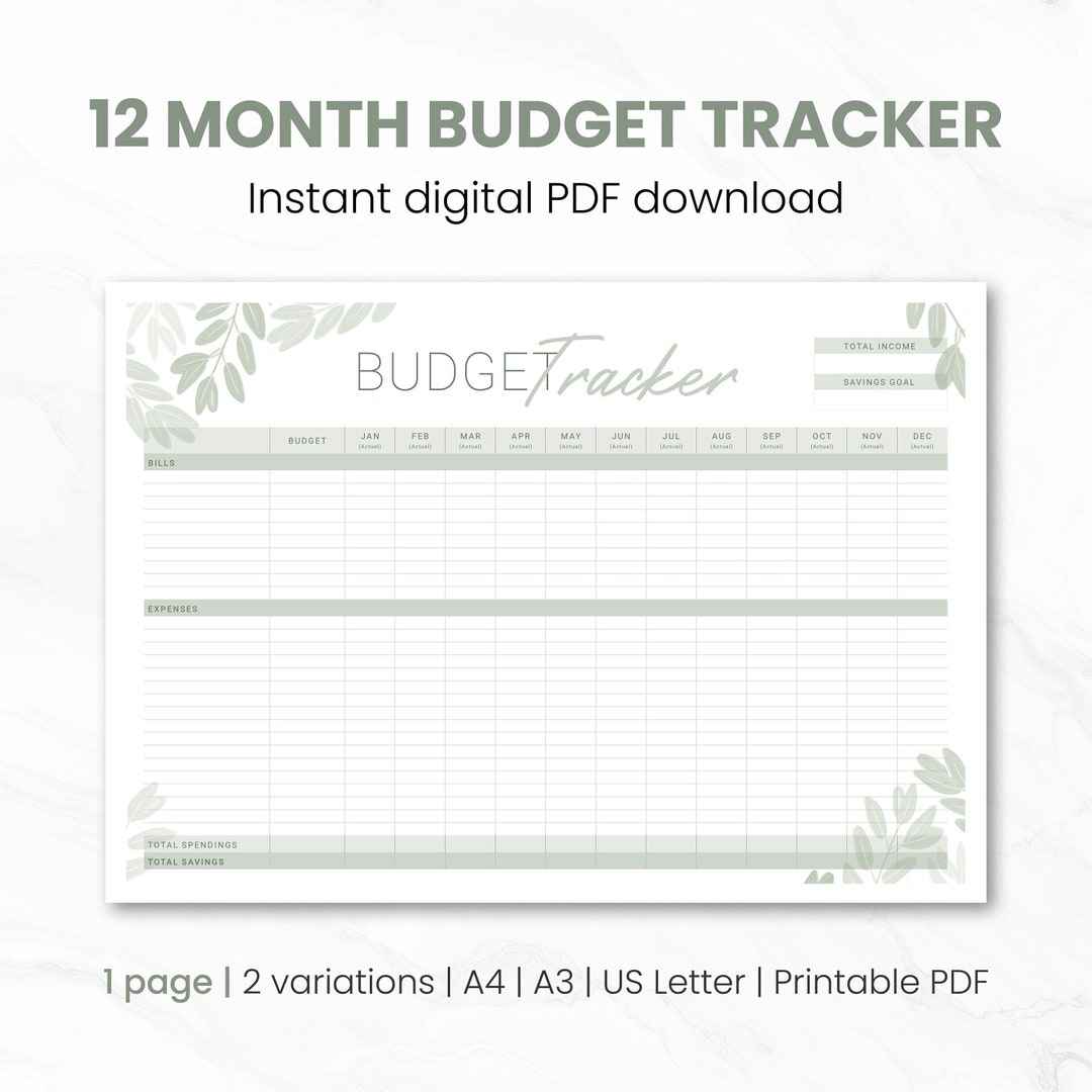 12 Month Budget Tracker Printable Template, Sage Series, A4/a3/letter ...