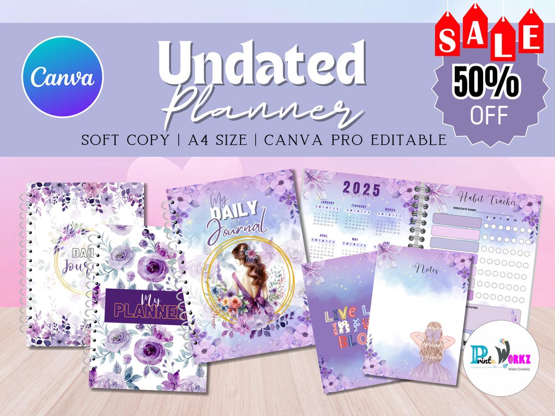 Purple Flower Undated Planner 2025: Canva Editable A4 Template (digital ...