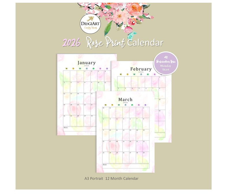 2026 Rose Calendar: Watercolor Flower Wall Planner, A3 Instant Digital ...