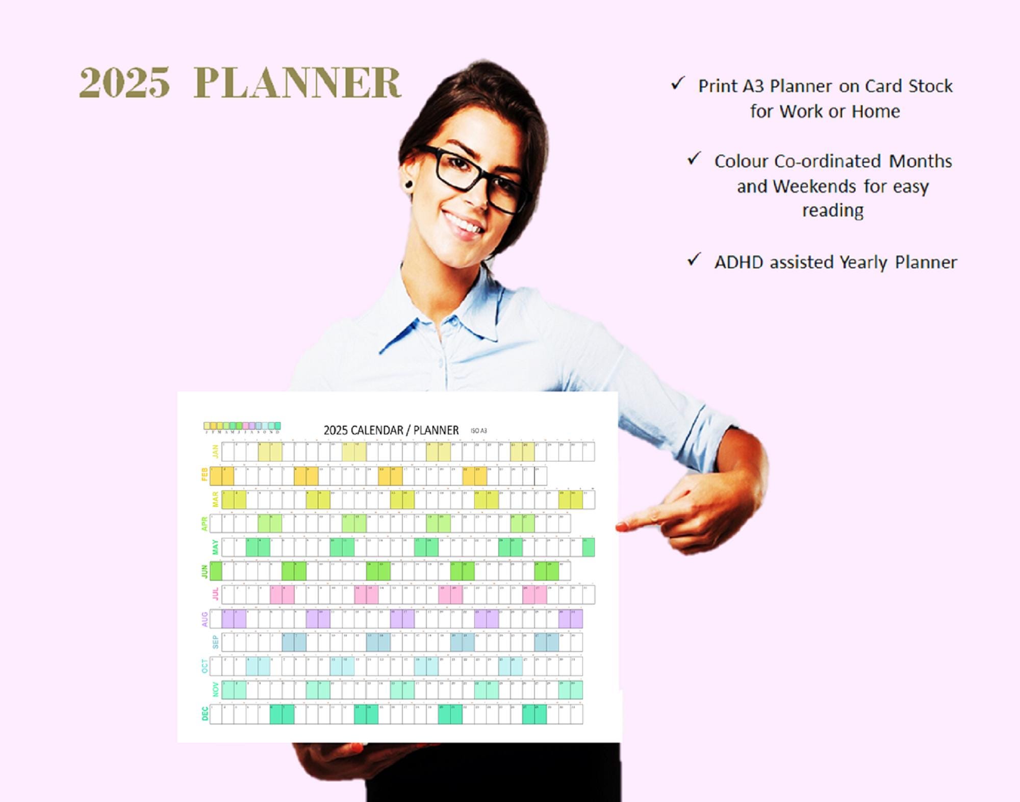 2025 Year Planner ADHD Yearly Landscape Planner, A3 Business Wall ...