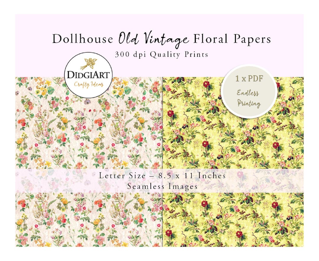 Dollhouse Floral Wallpaper for Model Homes, 1:12 Miniature Shabby Chic ...