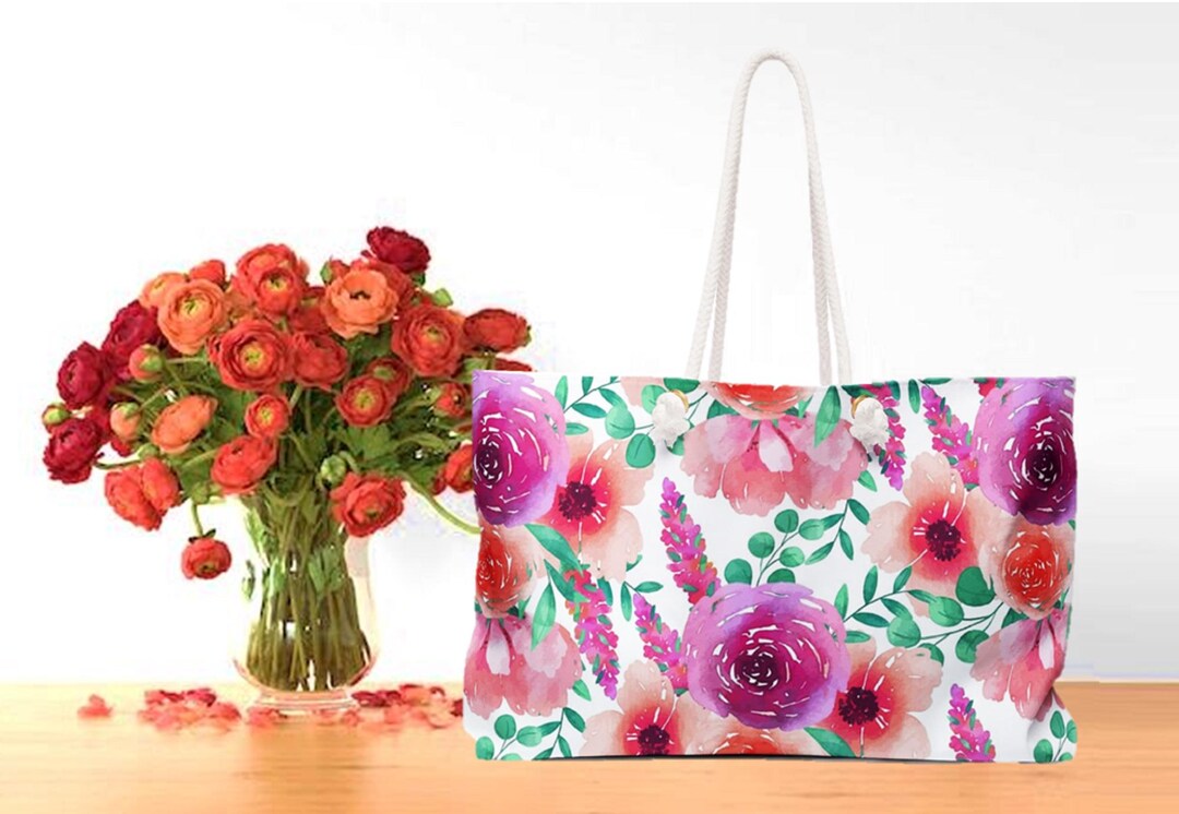 Pink Purple Weekender Bag Floral Big Print Lined Tote With Rope Handles ...