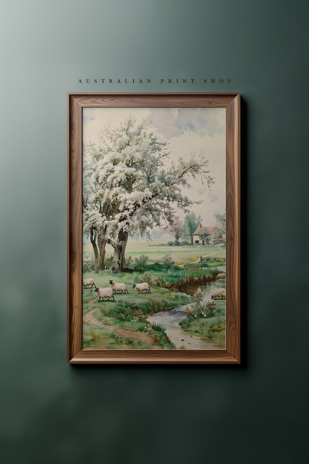 Farmhouse Spring Landscape Painting Sheep Farm Spring Blossom Tree Art ...