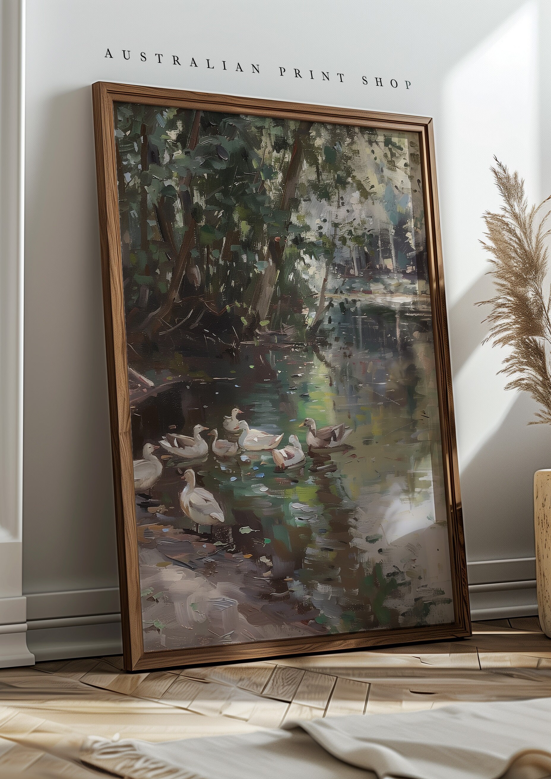 Country Duck Oil Painting Cottage Decor Baby Ducks Swimming Farmhouse ...