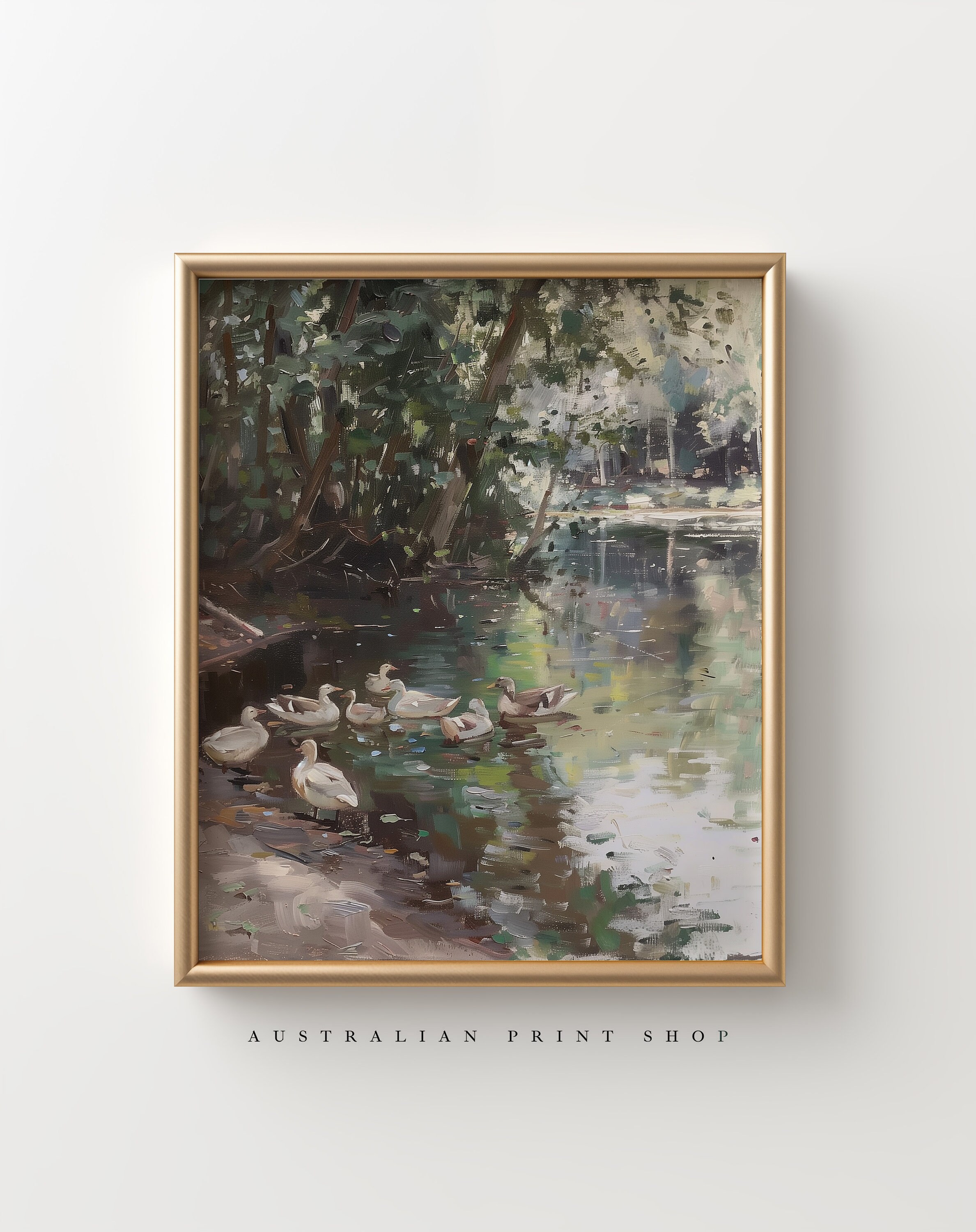 Country Duck Oil Painting Cottage Decor Baby Ducks Swimming Farmhouse ...