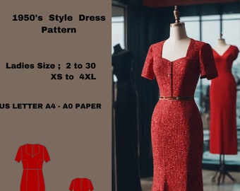 1950's Vintage Style Dress Sewing Pattern, Cocktail Dress, PDF Instant ...