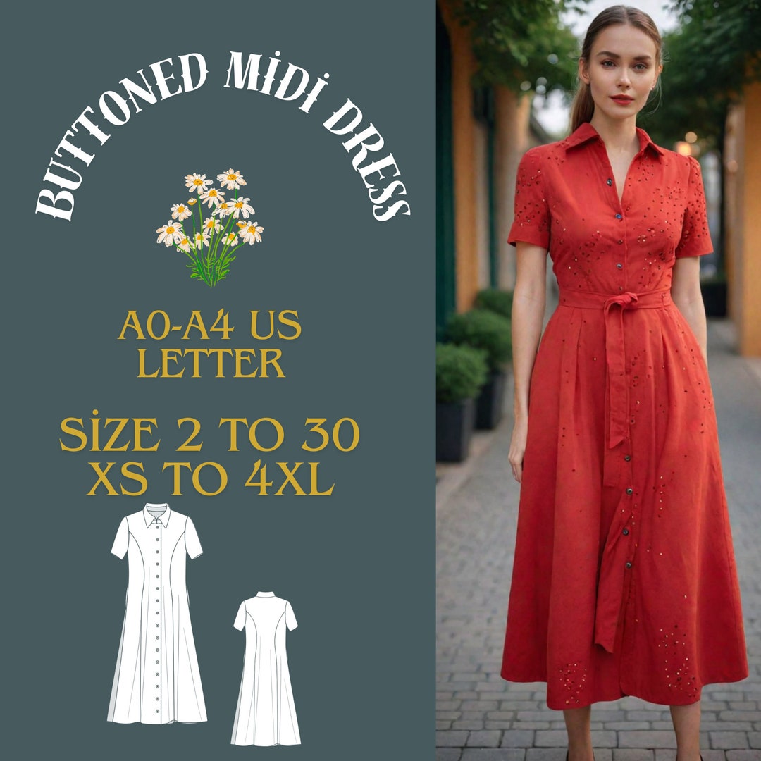 Buttoned Summer Dress Sewing Pattern: Shirt Collar Sundress (XS-4XL ...
