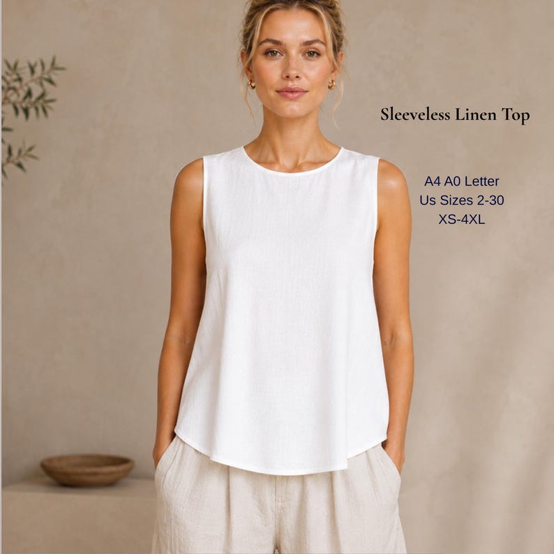 Women's Linen Top Sewing Pattern, Sleeveless Summer Tunic PDF (digital ...