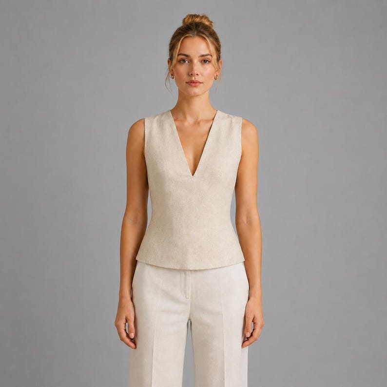 Linen V-neck Top Sewing Pattern, Sleeveless Blouse PDF (A4 A0 US Letter ...
