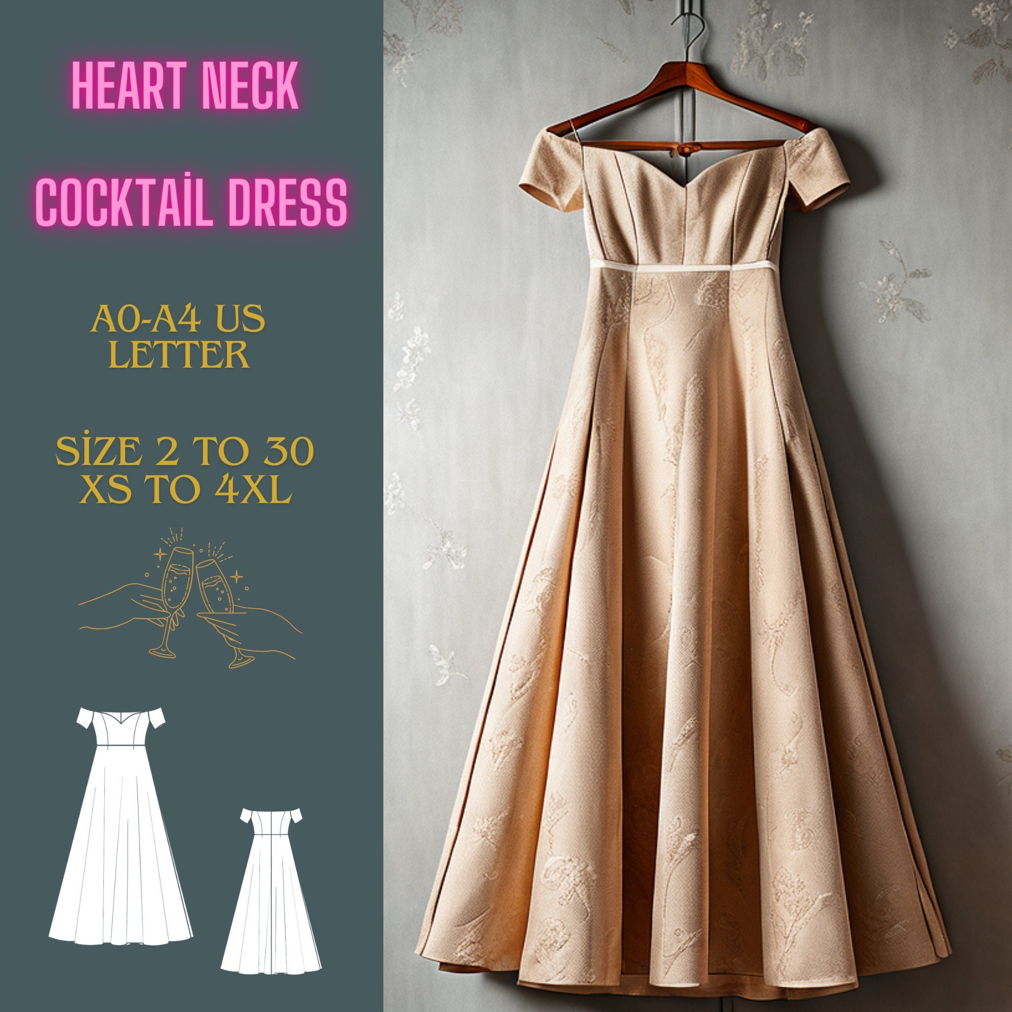 Heart Neck off Shoulder Cocktail Dress Pattern, Bridal Gown Sewing ...