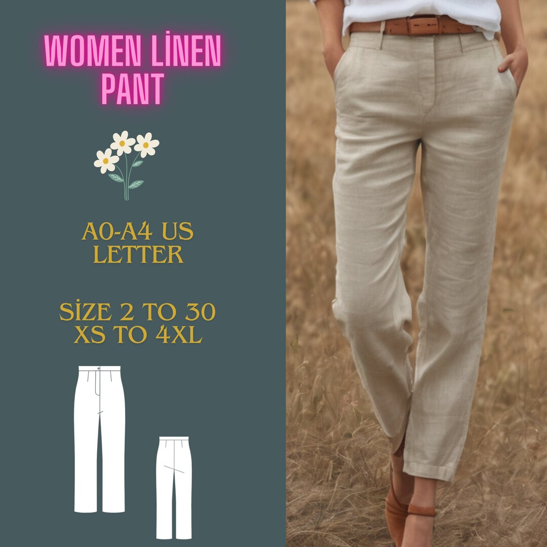 Womens Linen Trousers Sewing Pattern: US 2-30, XS-4XL (A0, A4, US ...