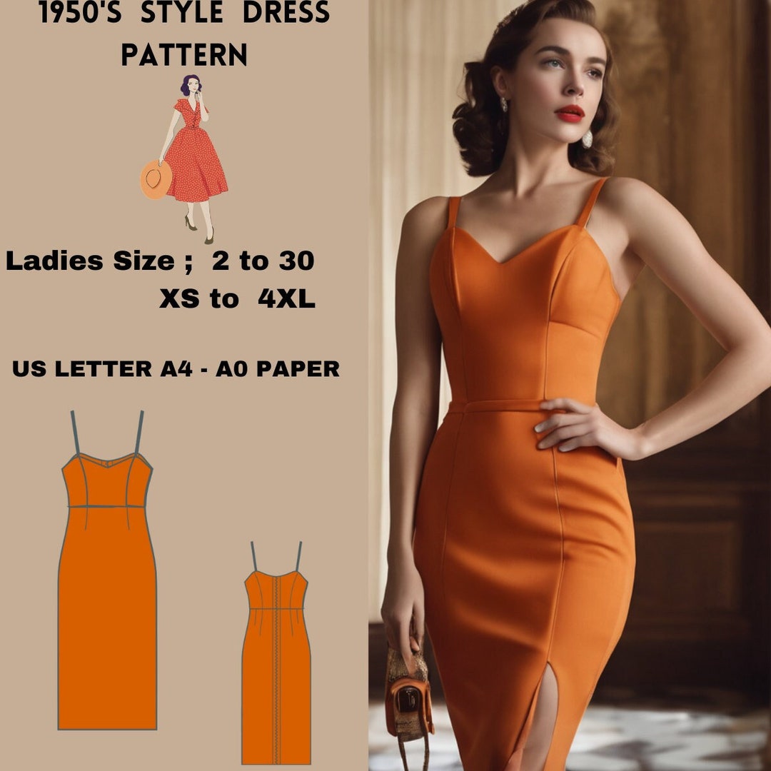 1950's Vintage Style Dress Sewing Pattern, Cocktail Dress, PDF Instant ...