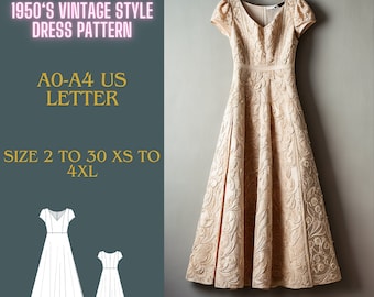 1950's Vintage Style Dress Sewing Pattern, Cocktail Dress, PDF Instant ...