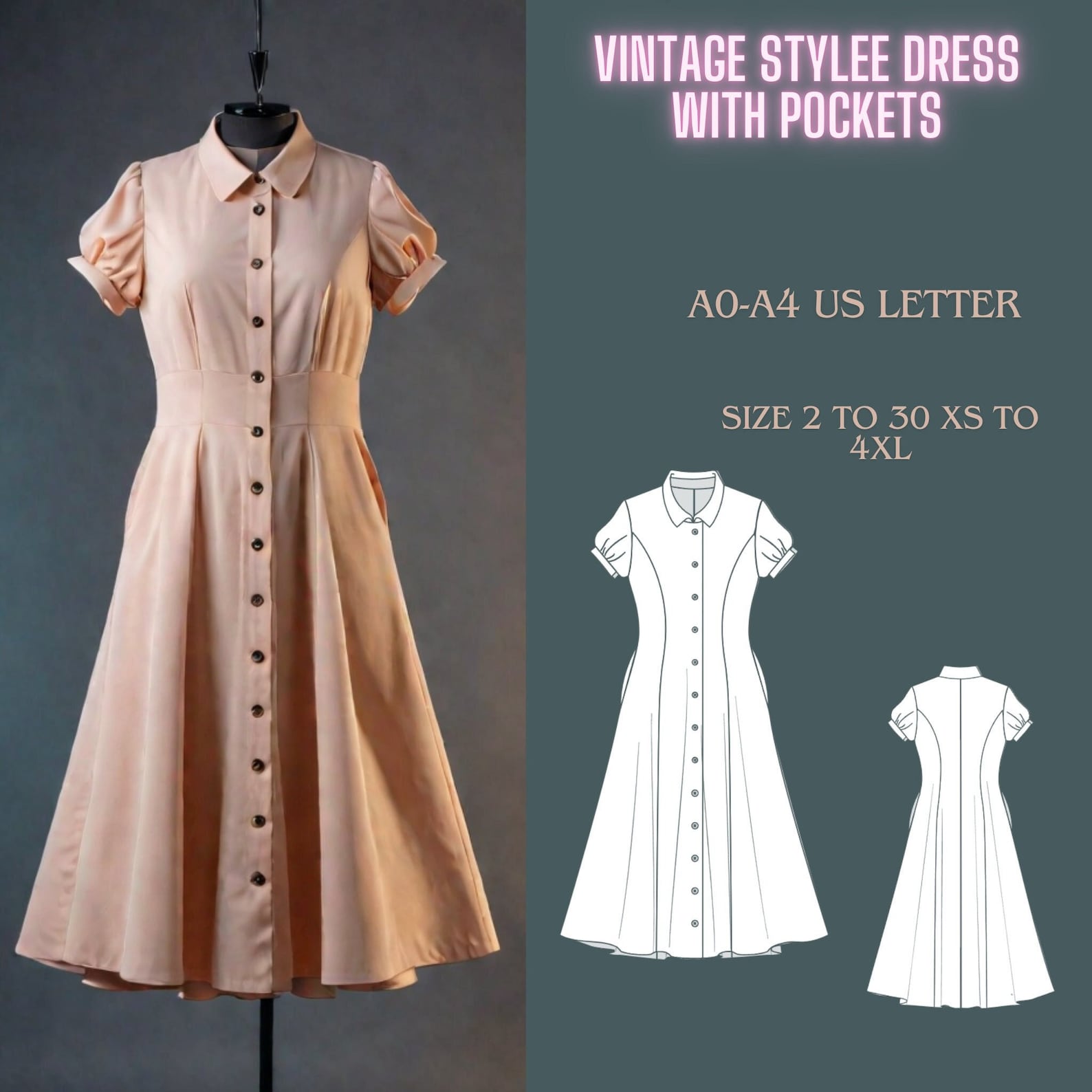1950's Vintage Style Dress Sewing Pattern, Cocktail Dress, PDF Instant ...