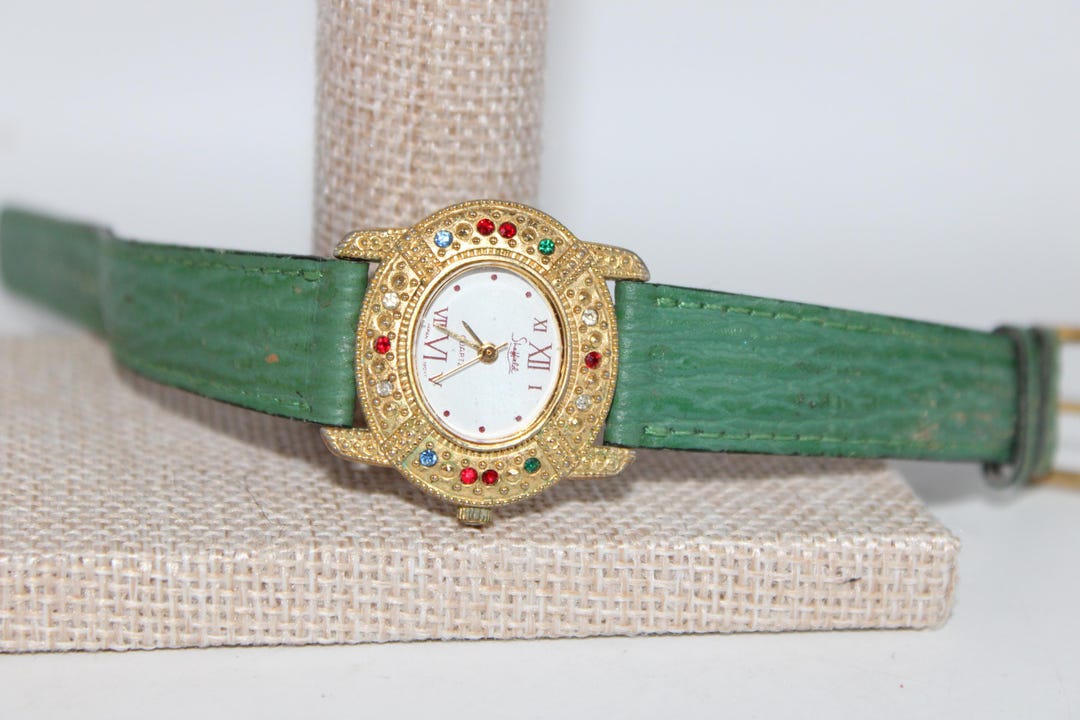 Vintage Sheffield Watch Gold Oval Face Dainty Green Band RARE Watch - Etsy