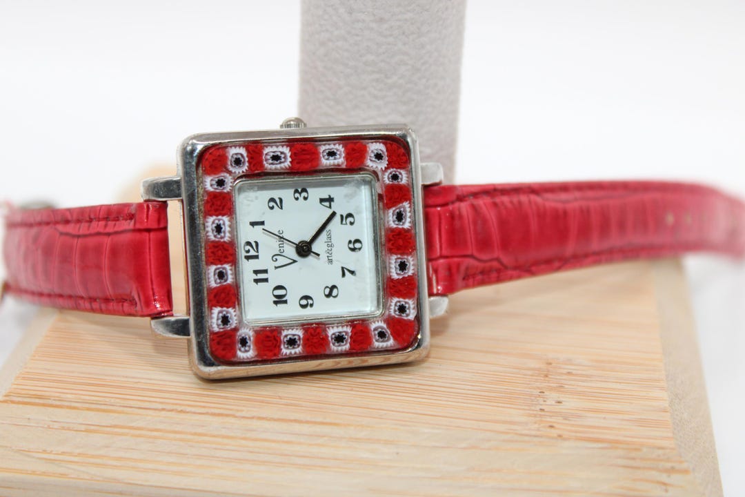 Vintage Red Square Face Venice Art & Glass Watch Red Leather Band - Etsy