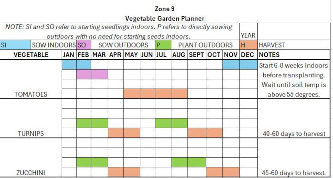 Printable Color Coded Zone 9 Vegetable Planting Schedule - Etsy