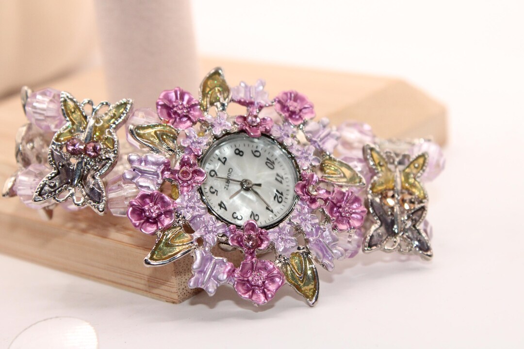 Vintage Geneva Pink Flower Rhinestone Filigree Chunky Watch New Battery ...