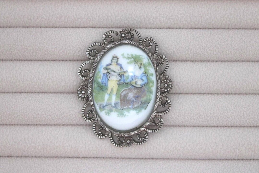 Vintage Silver Filigree Enamel Cabochon Man and Woman Playing Mandolin ...