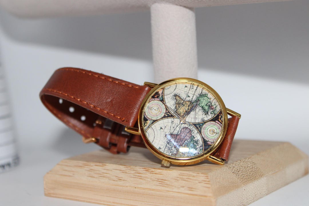 Vintage Two World Maps Spheres Watch Face With Brown Band - Etsy
