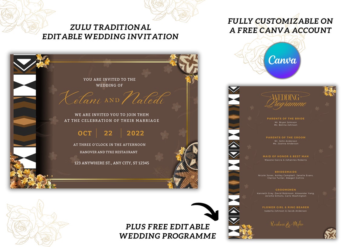 Zulu Wedding Invitation Card Wedding Programme Editable Canva Templates ...
