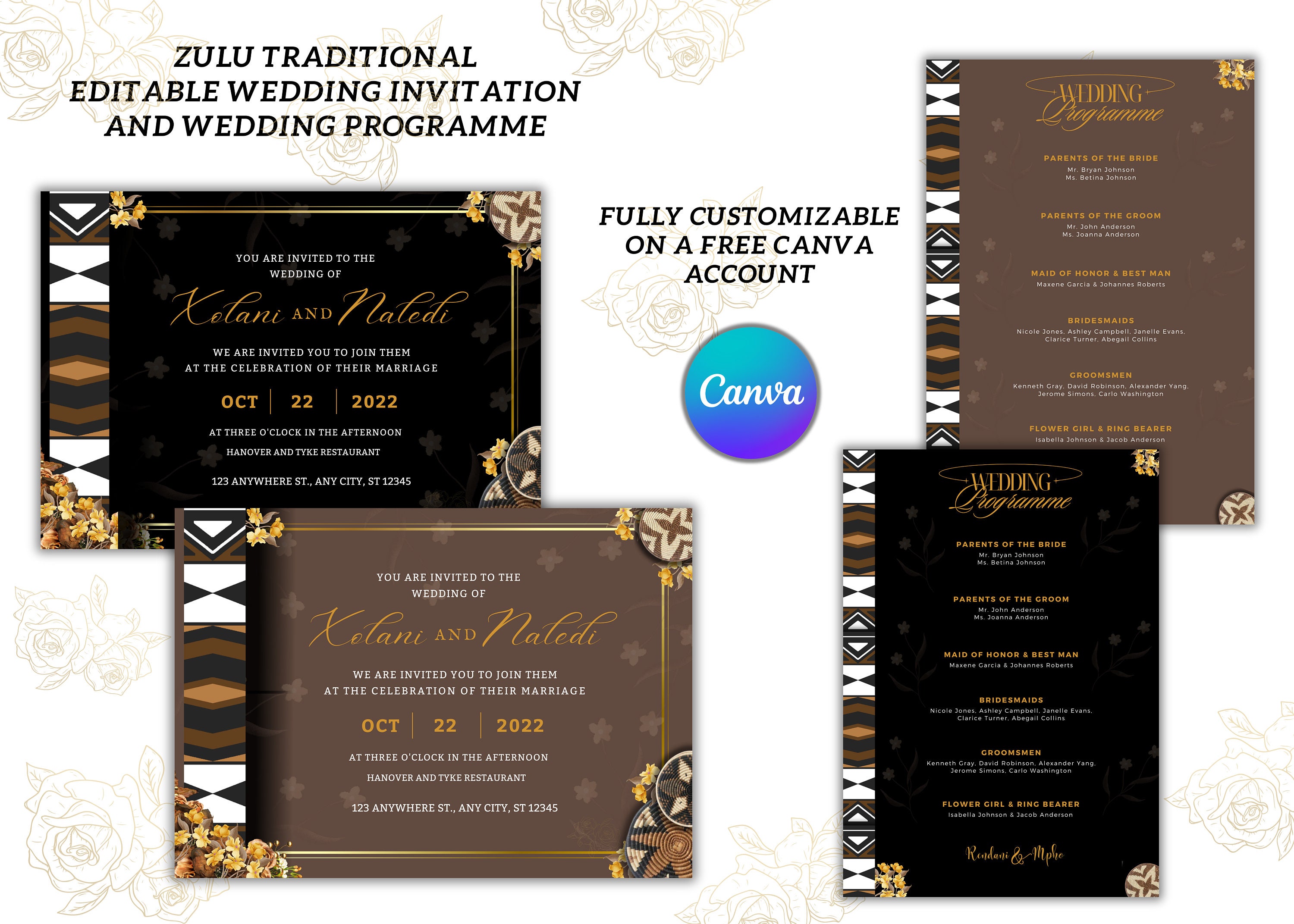 Zulu Wedding Invitation Card Wedding Programme Editable Canva Templates ...
