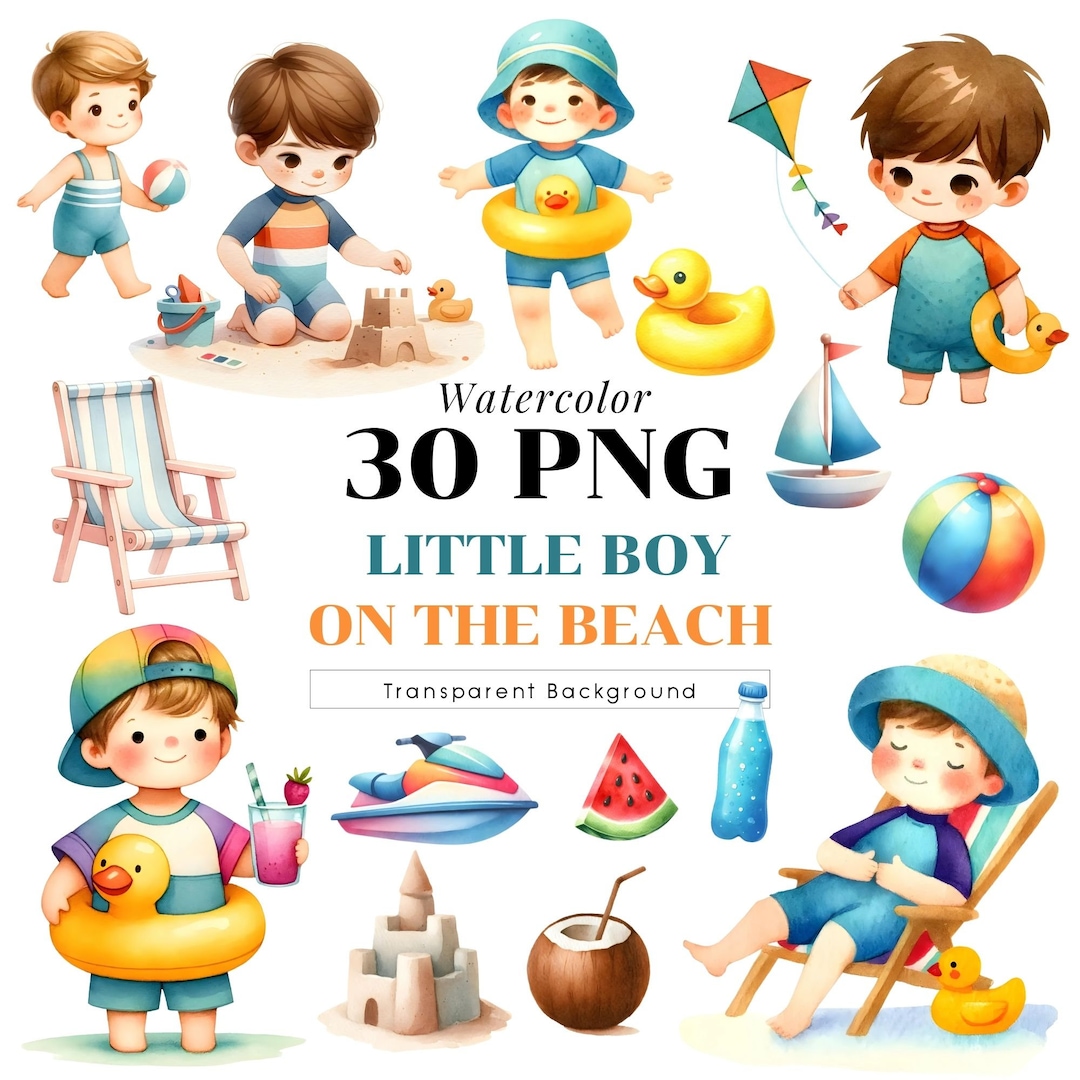 Watercolor Summer PNG, Little Cute Boy on the Beach, Summer Clip Art ...