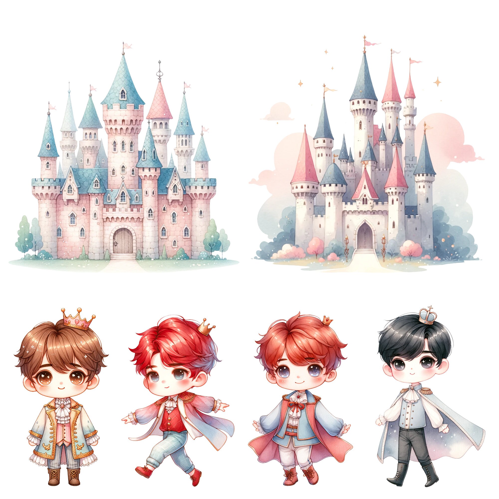 Princess Watercolor Clipart, Prince Clip Art, Knight Fairytale Castle ...