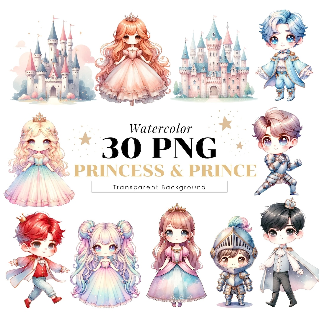 Princess Watercolor Clipart, Prince Clip Art, Knight Fairytale Castle ...