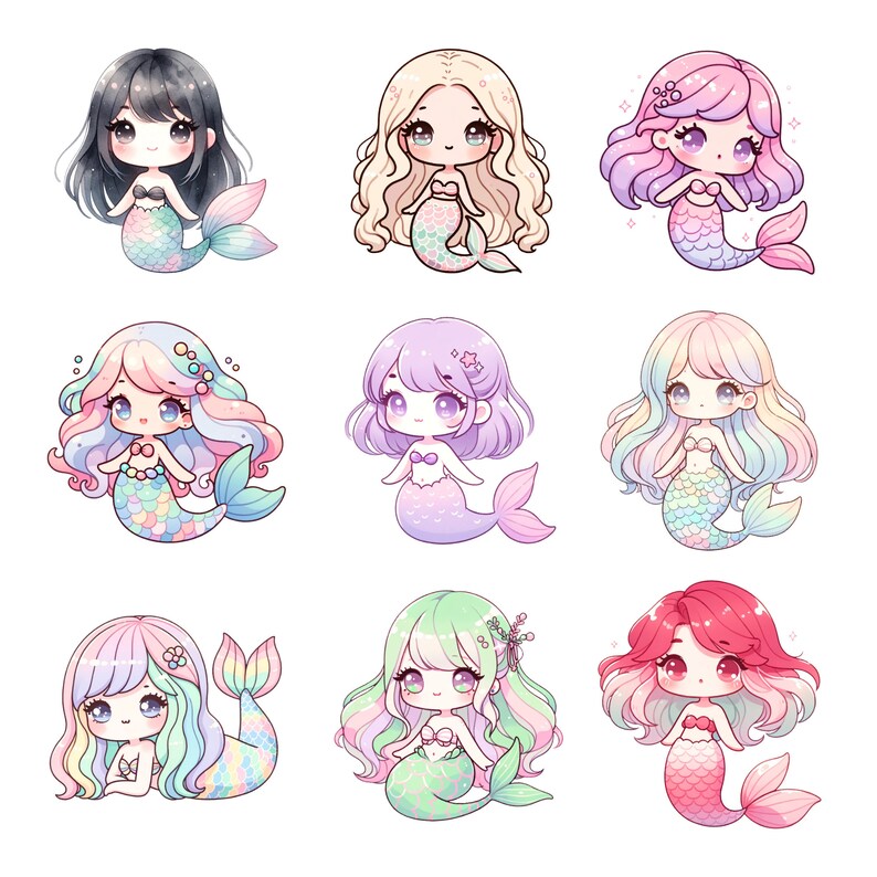 Cute Kawaii Little Mermaid Clipart Bundle, Under the Sea Set, Ocean ...