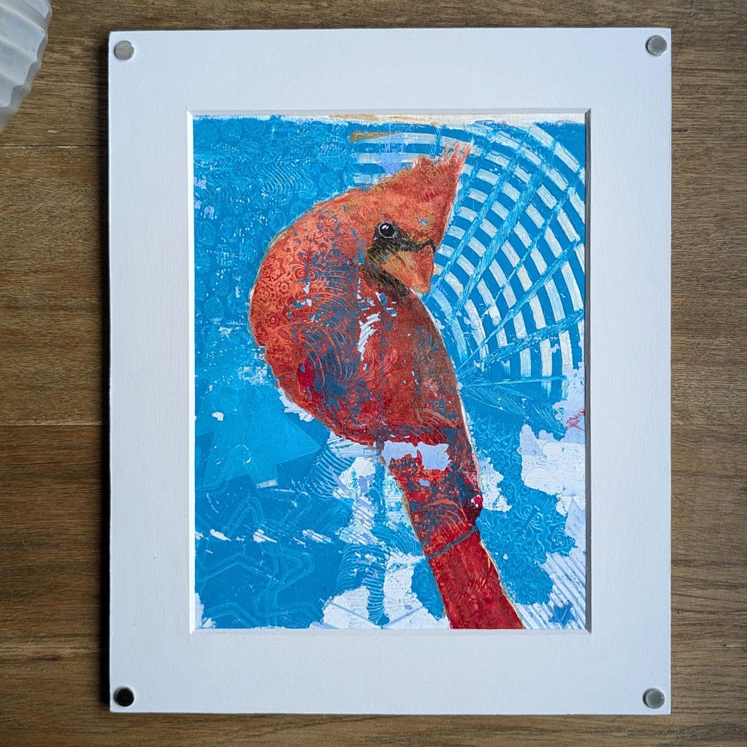 Mixed Media Abstract Red Cardinal Bird Modern Painting in Paper-mat ...