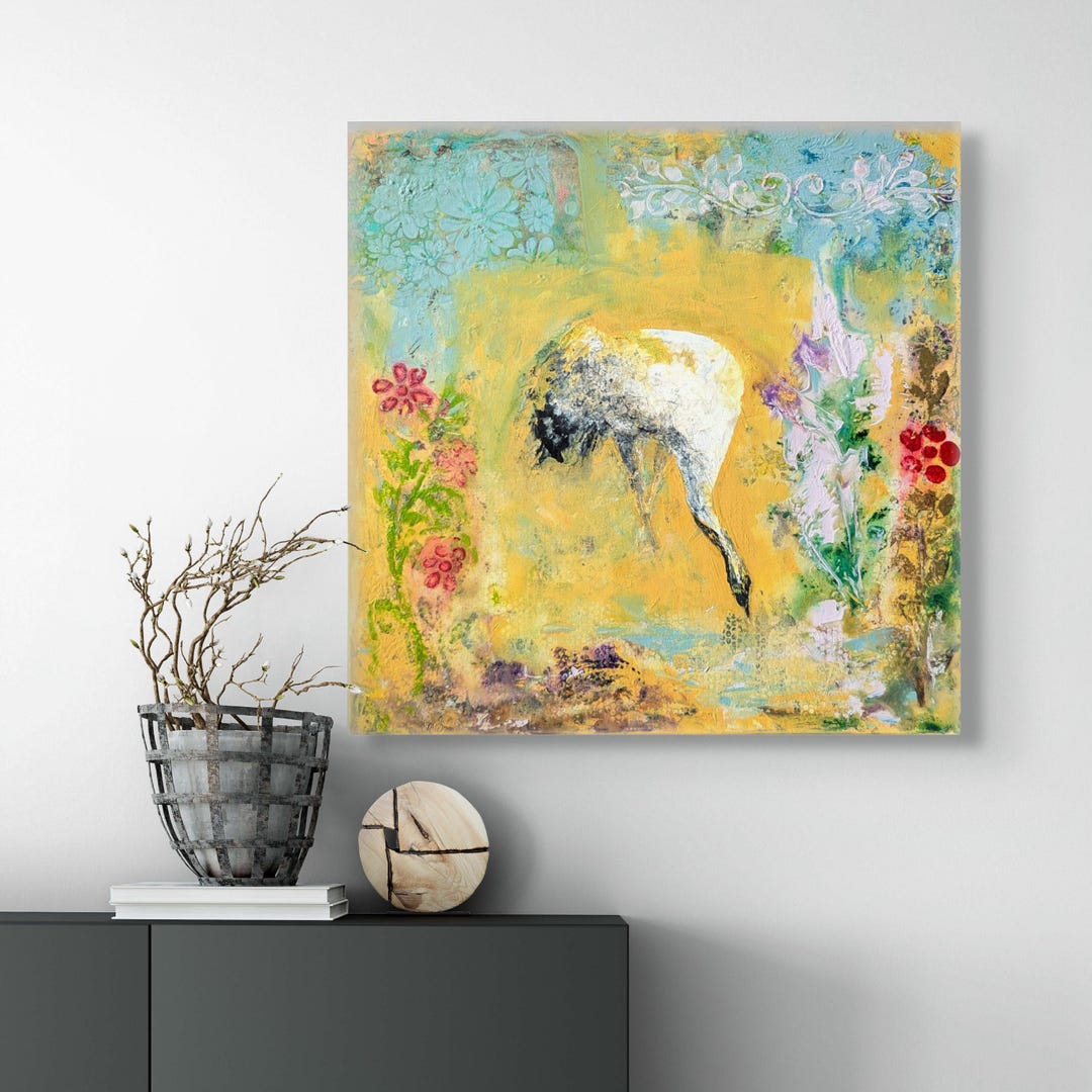 Original Acrylic Crane Bird and Flower Landscape Art: Farmhouse ...