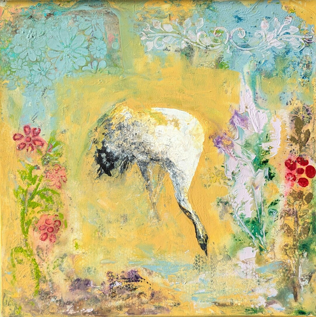 Original Acrylic Crane Painting on Canvas - Unique Handmade Vibrant and ...