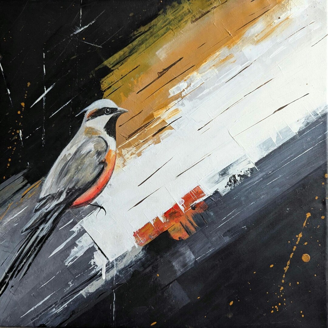 Dynamic Acrylic Painting Captures a Small Bird Perched on a Textured ...