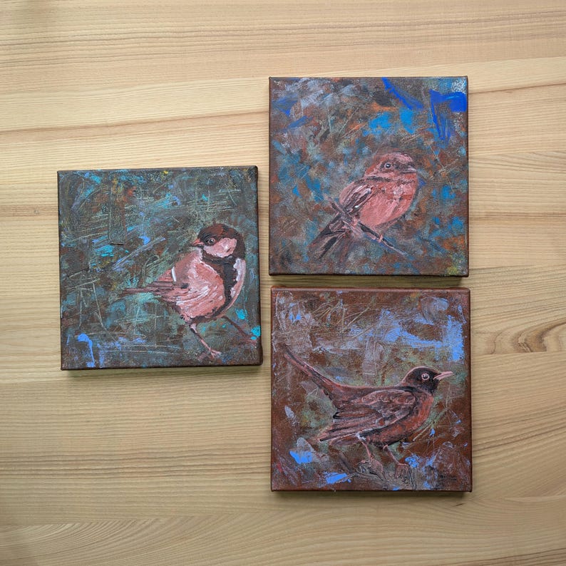 Original Acrylic Abstract Bird Painting Set: Rustic Woodland Triptych ...