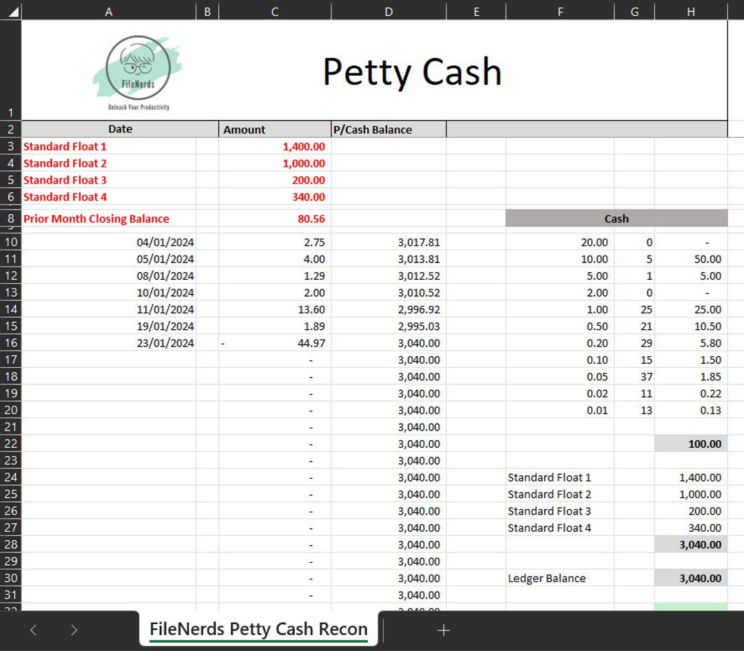 Filenerds Petty Cash Recon Template 2.0 - Etsy