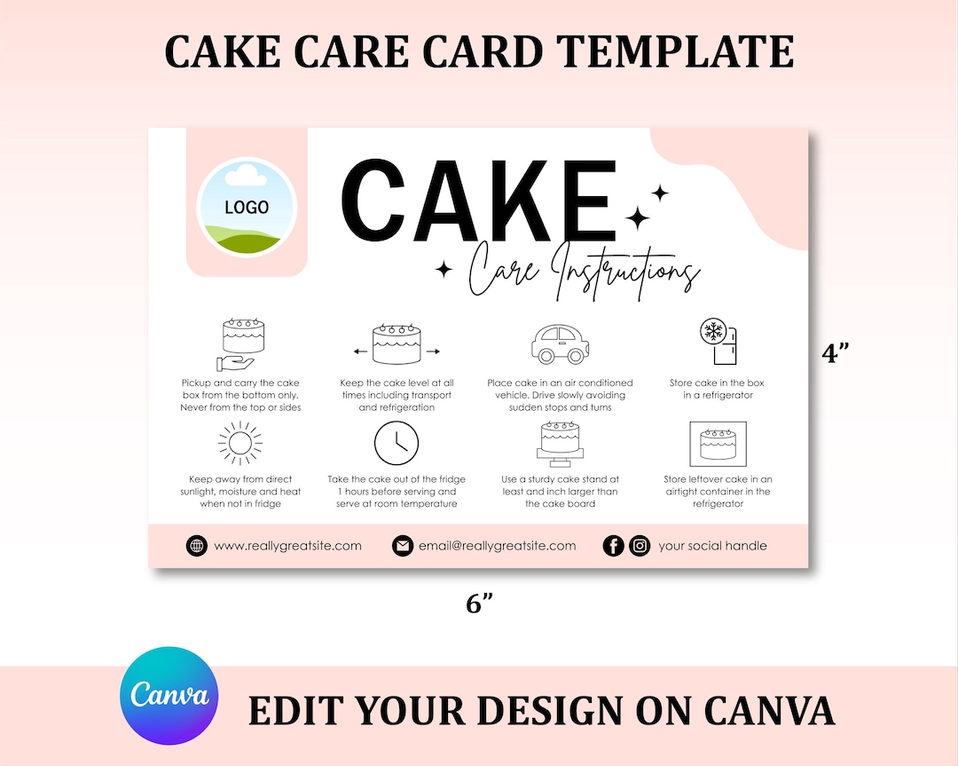 Cake Care Card Template, Cake Care Instructions Card, Cake Instructions ...