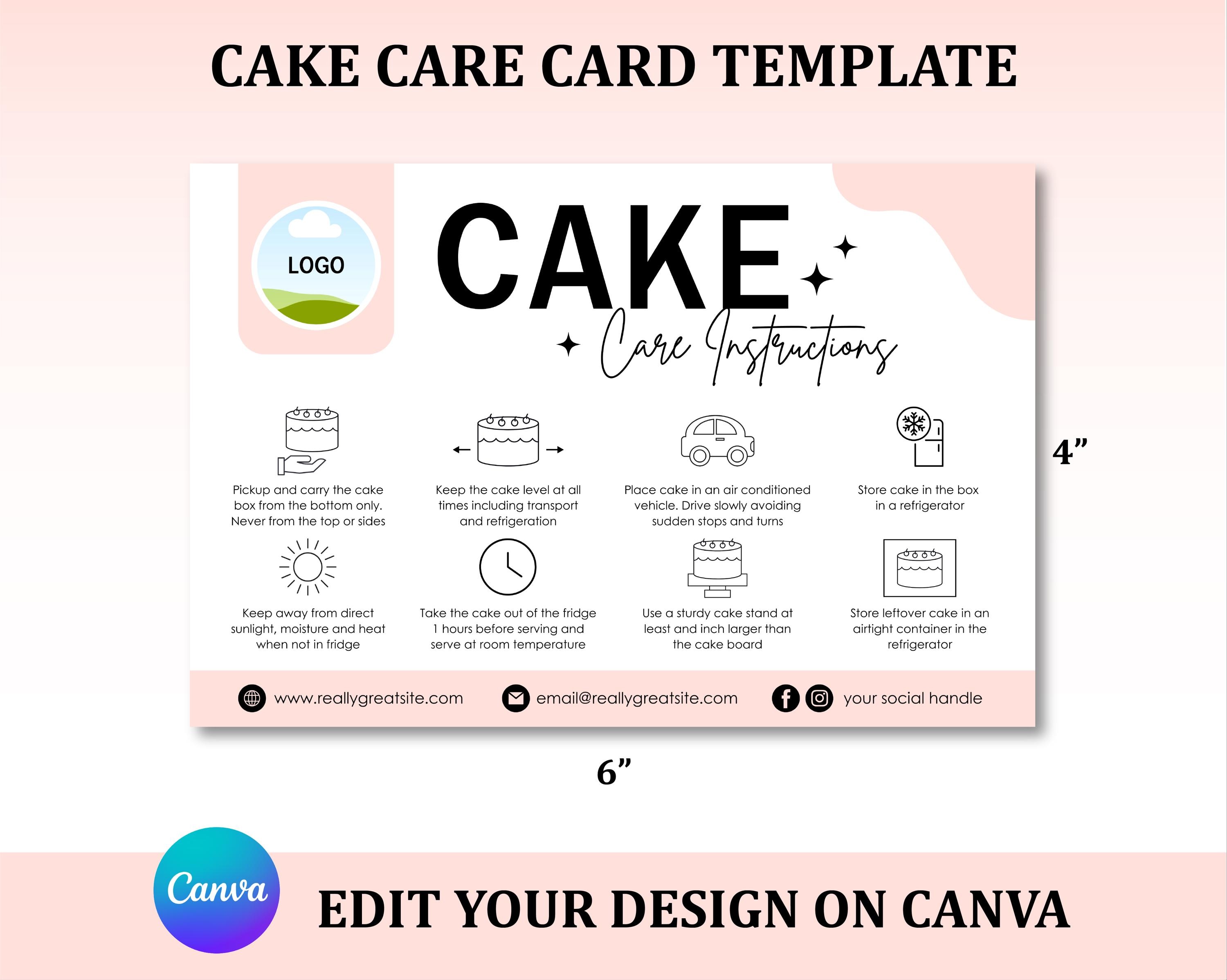 Cake Care Card Template, Cake Care Instructions Card, Cake Instructions ...