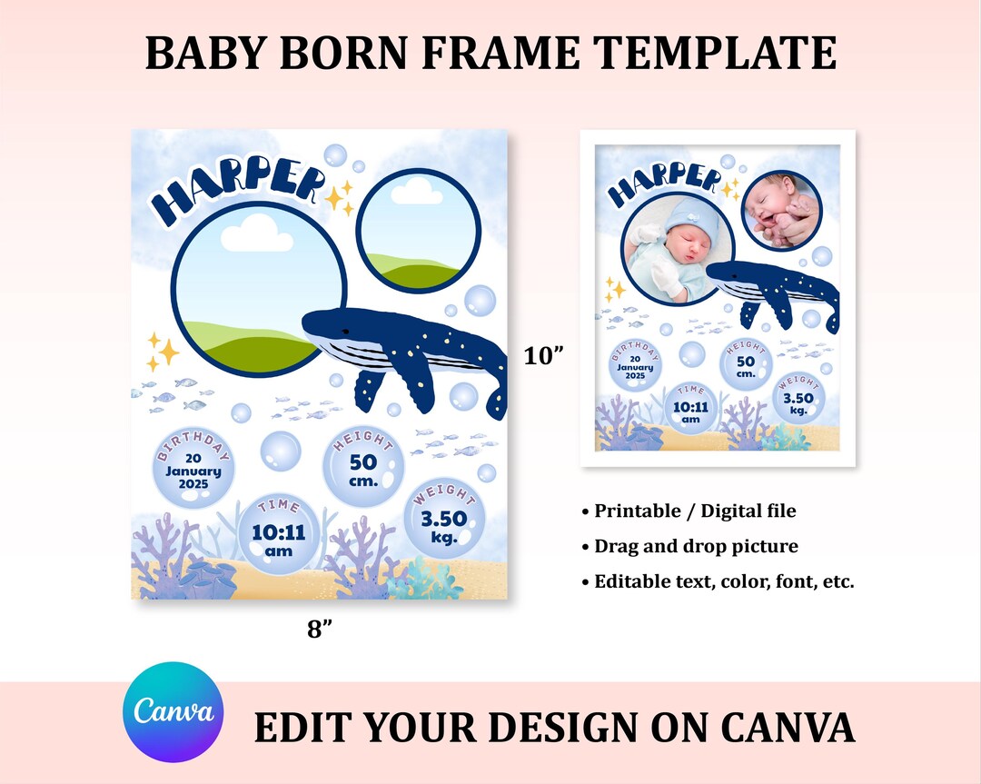 Baby Born Frame Template, Birth Announcement Template, Baby ...
