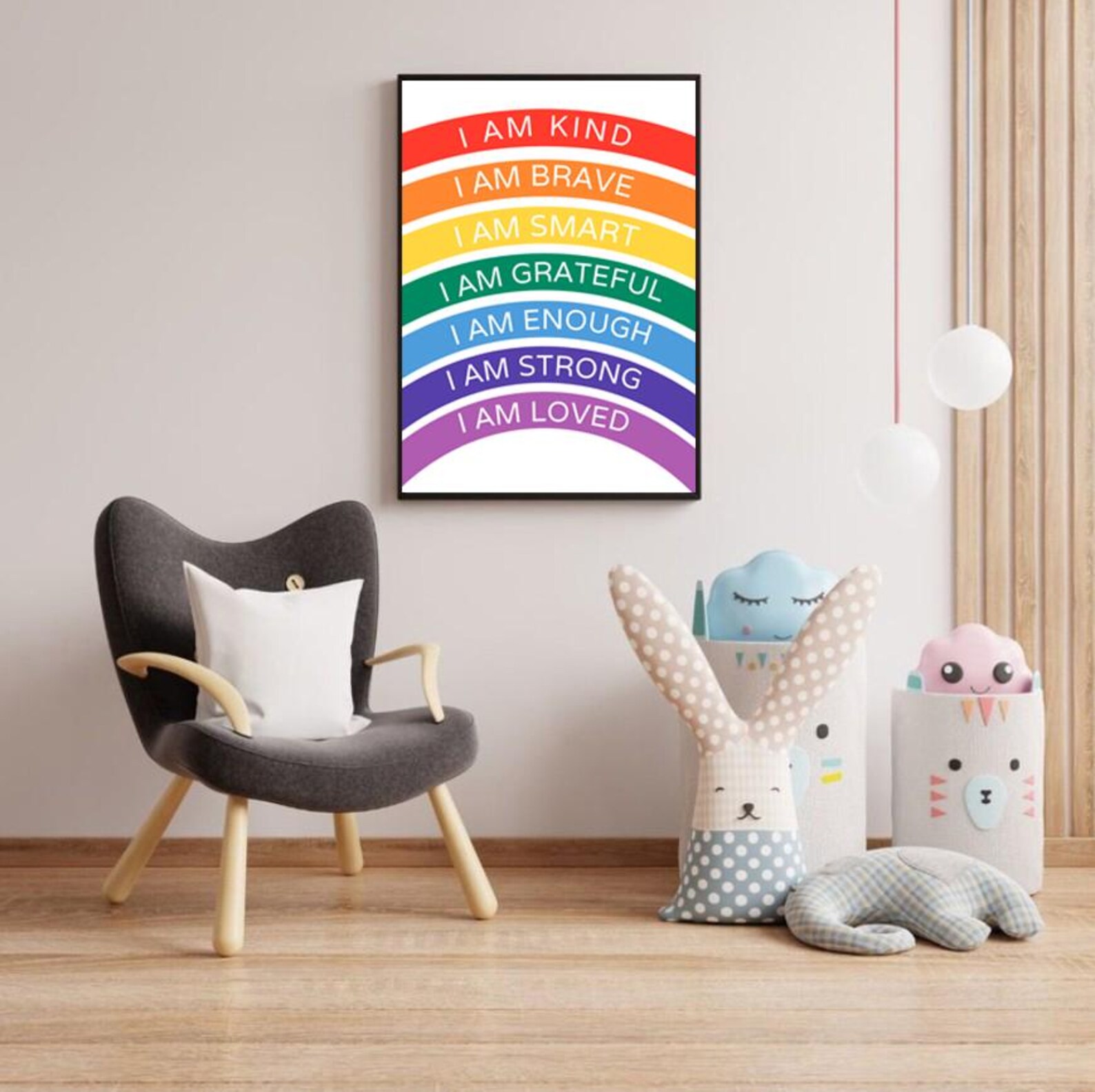 Rainbow Affirmations Wall Art, Affirmations for Kids, I Am Kind Loved Brave Enough ...