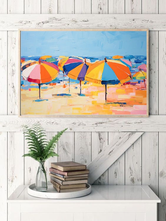 Beach Umbrella Print, Vintage Beach Print, Coastal Painting, Vintage ...