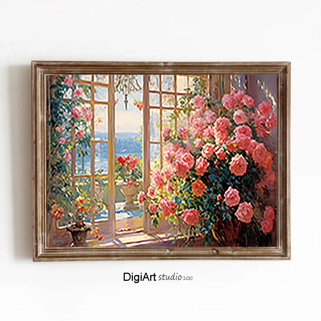 Rose Painting Flower Window, Rustic Rose Painting, Flower Print, Pink ...