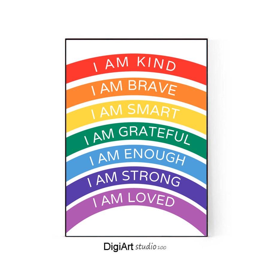 Rainbow Affirmations Wall Art, Affirmations for Kids, I Am Kind Loved Brave Enough ...