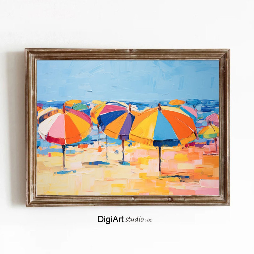 Beach Umbrella Print, Vintage Beach Print, Coastal Painting, Vintage ...