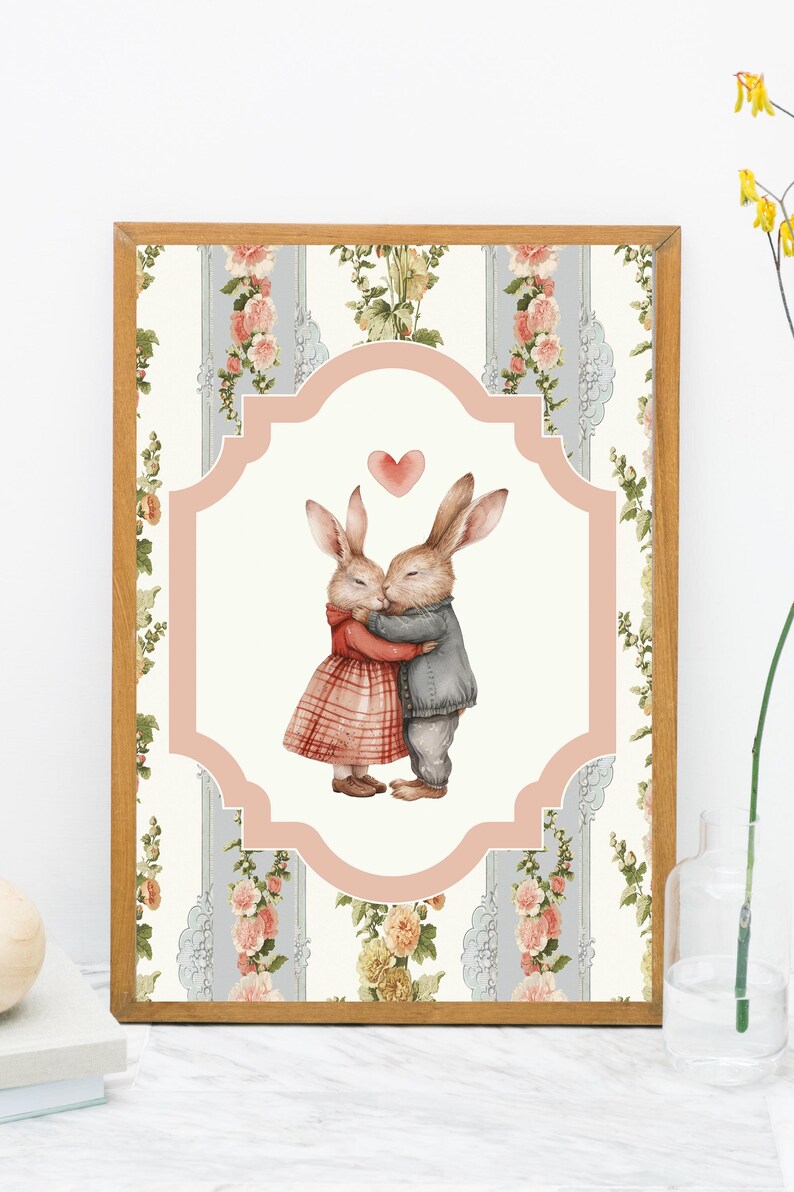 Vintage Rabbits Print, Two Rabbits Hugging, Rabbits Nursery Decor ...