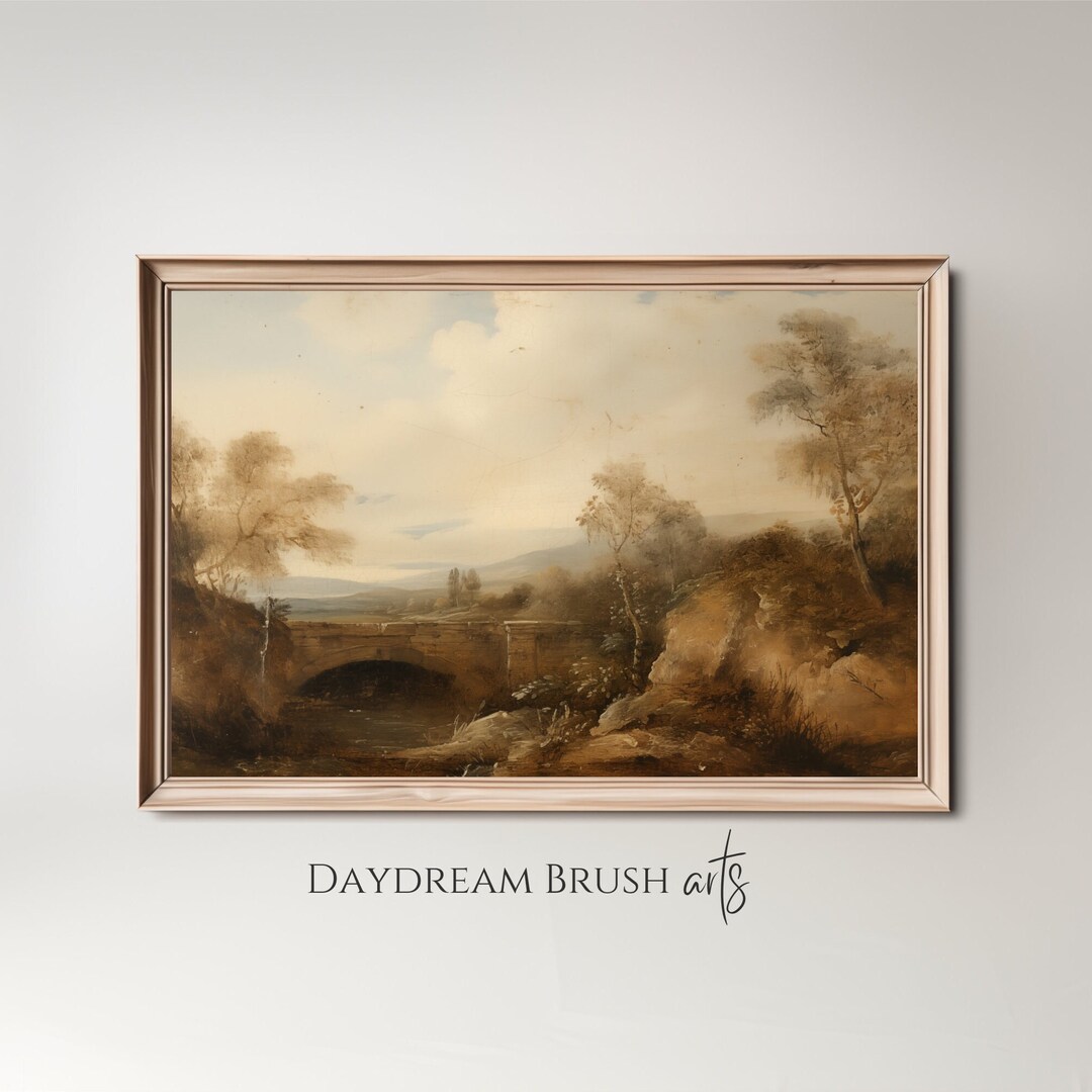 Printable Rustic Old Bridge Landscape Oil Painting Vintage Nature ...