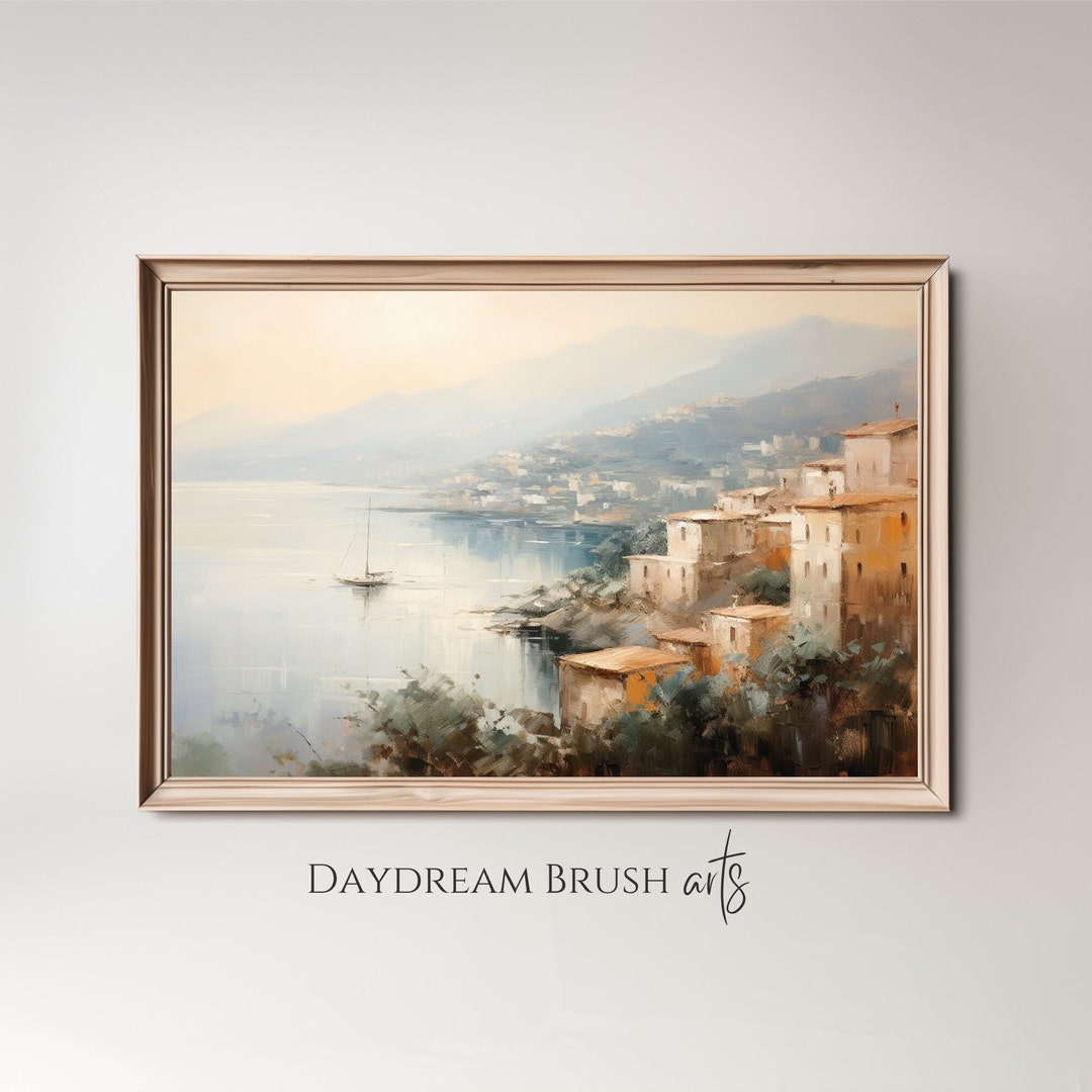 Printable Old Mediterrenean Seacoast Town Oil Painting Vintage Sea Town ...
