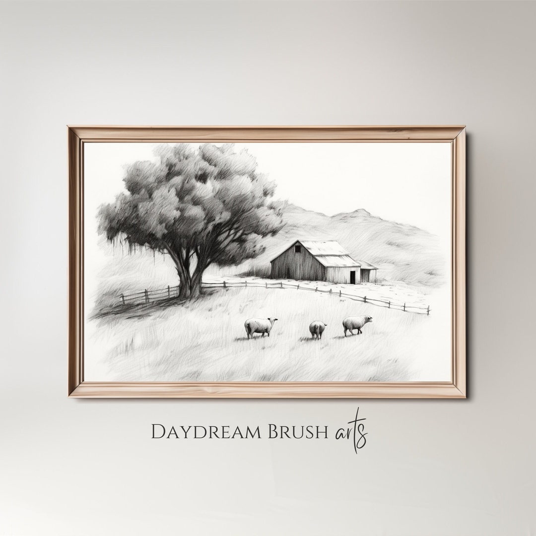 Printable Small Farm Pencil Drawing Vintage Pencil Sketch Art Print ...